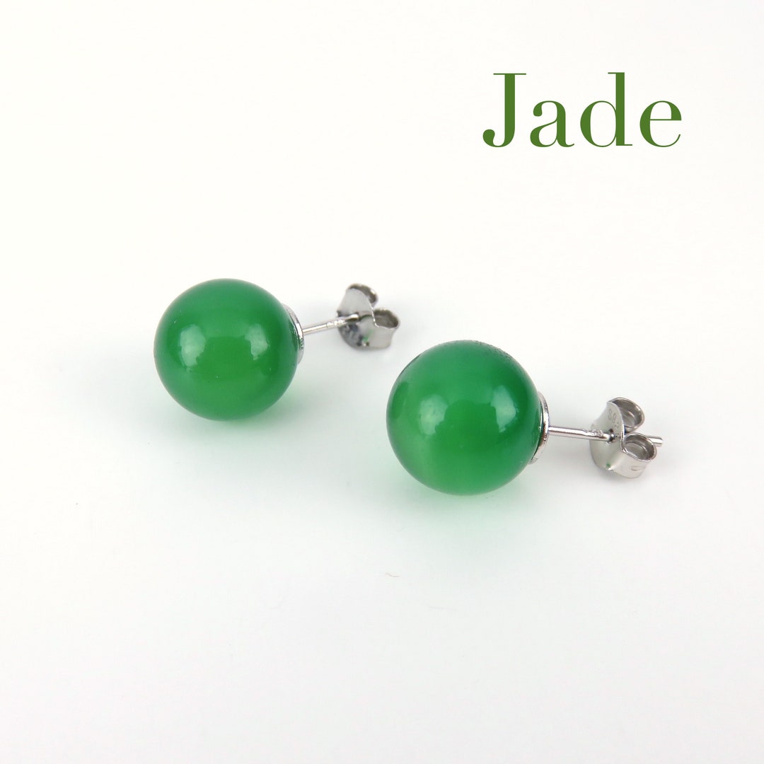 Round Green Jade Stud Earrings in Silver / Natural Jade Simple Earrings ...