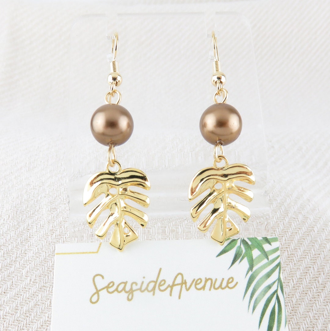 Gold Monstera Leaf and Chocolate Brown Pearl Earrings / Shell Pearl ...
