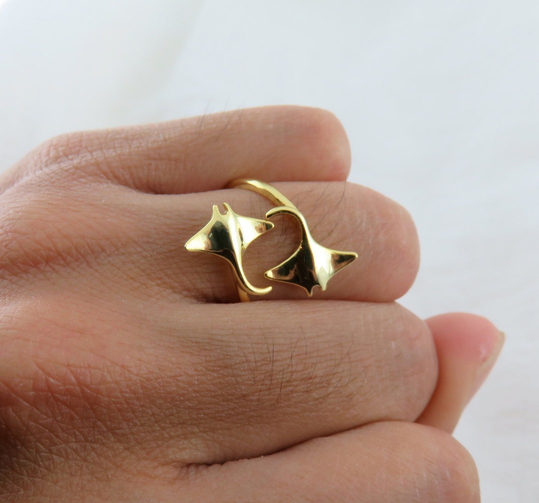 Two Manta Ray Ring / 14k Hamilton Gold Plated Manta Ring / 925 Sterling ...