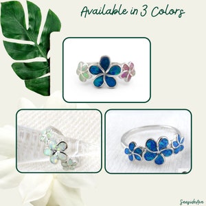 Hawaiian Triple Plumeria Flower Blue and Multicolor Opal Inlay Ring 925 ...