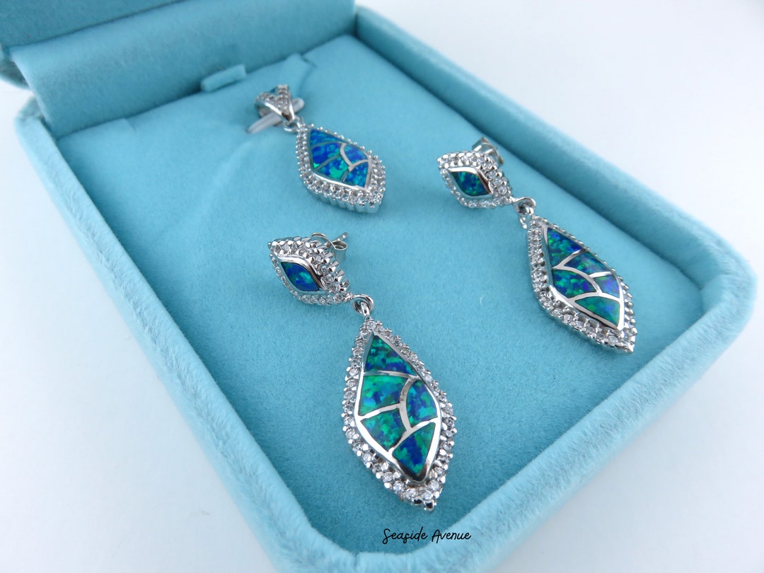 Glamorous Fancy Opal Inlay Silver Jewelry Set / Cubic Zirconia, 925 ...