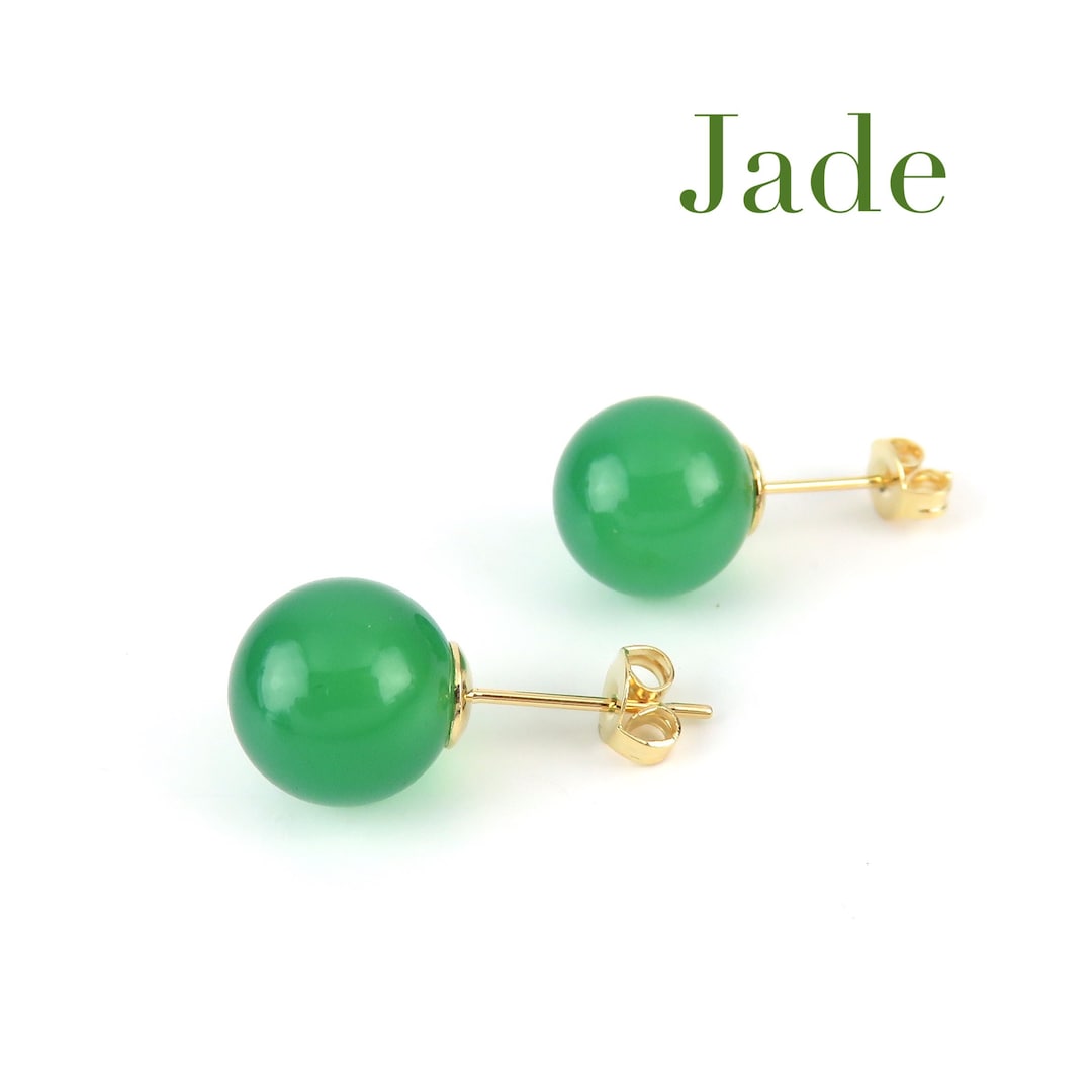 Round Green Jade Stud Earrings in Gold / Natural Jade Simple Earrings ...
