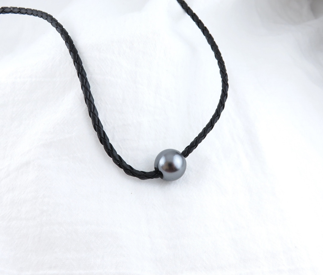 Tahitian Shell Pearl Leather Necklace, Single Bead Tahitian Shell Pearl ...