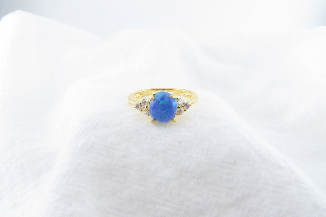 Blue Oval Opal Ring / 18k Gold Overlay on 925 Sterling Silver Ocean ...