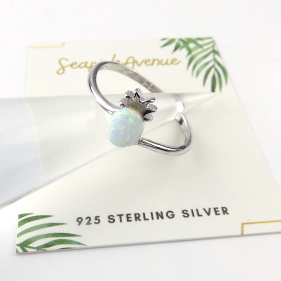 Minimalist 925 Sterling Silver White Opal Miniature Pineapple Nature Plant Themed Ring