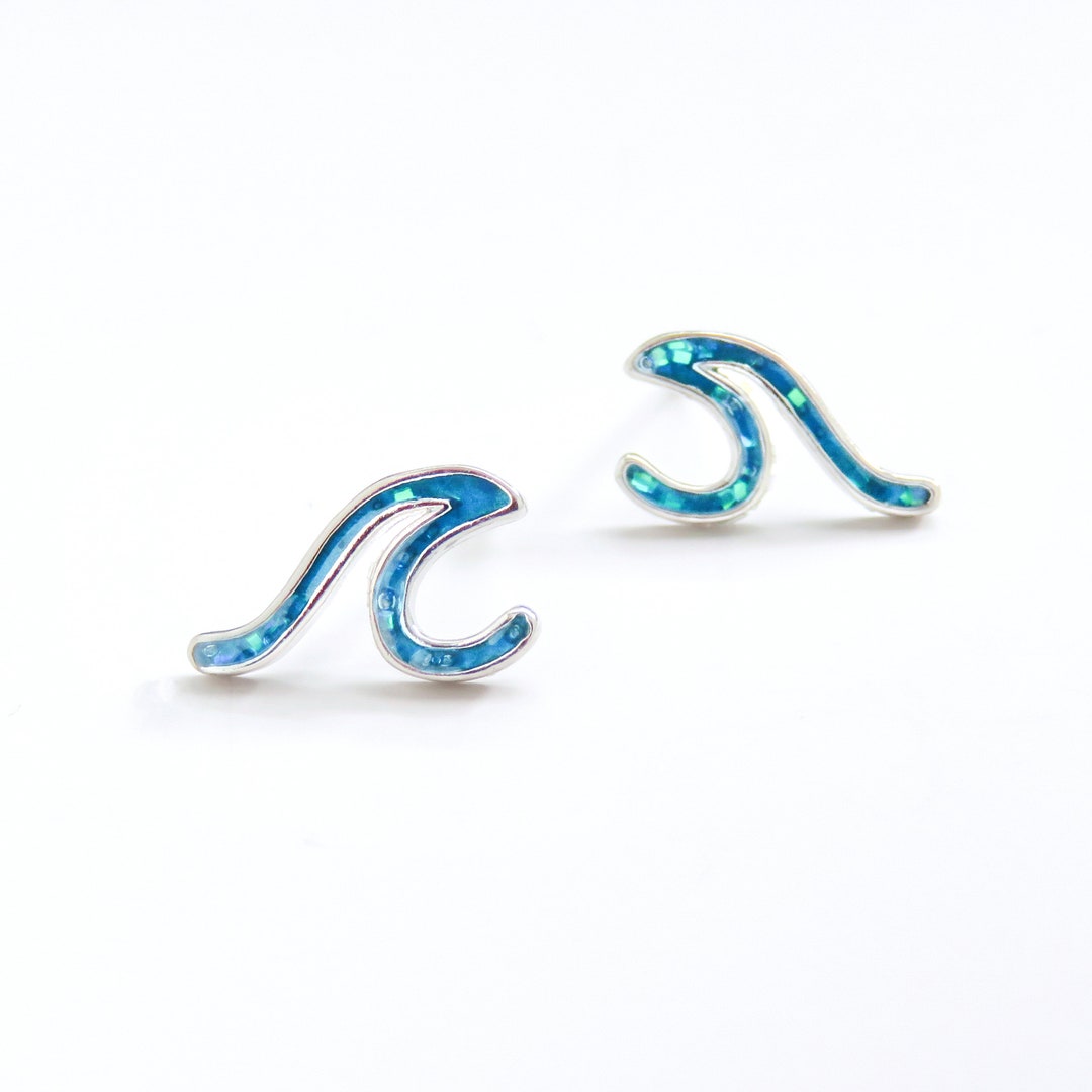 Sparkly Blue Simple Minimalist Ocean Wave Stud Earring / Solid 925 ...