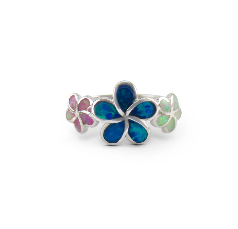 Hawaiian Triple Plumeria Flower Blue and Multicolor Opal Inlay Ring 925 ...