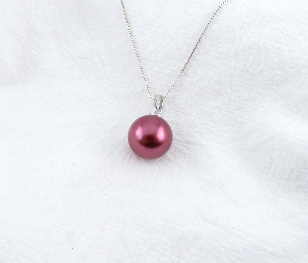 Round Cerise Purple Pearl Necklace, 925 Sterling Silver Bail With Chain ...