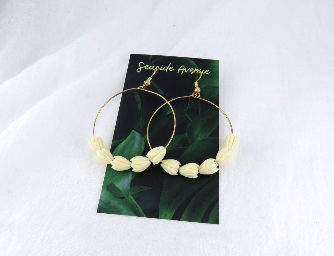 Round Hoop Earrings With Pikake / Hawaiian Jasmine Flower Tulip ...