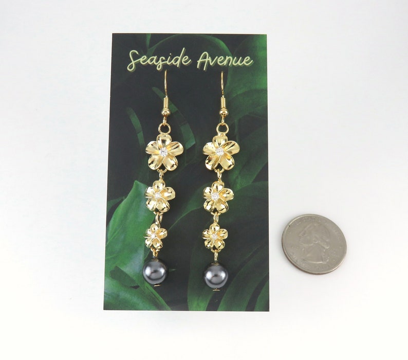 Hawaiian Hamilton Gold Triple Plumeria Flower and Shell Pearl Earrings ...