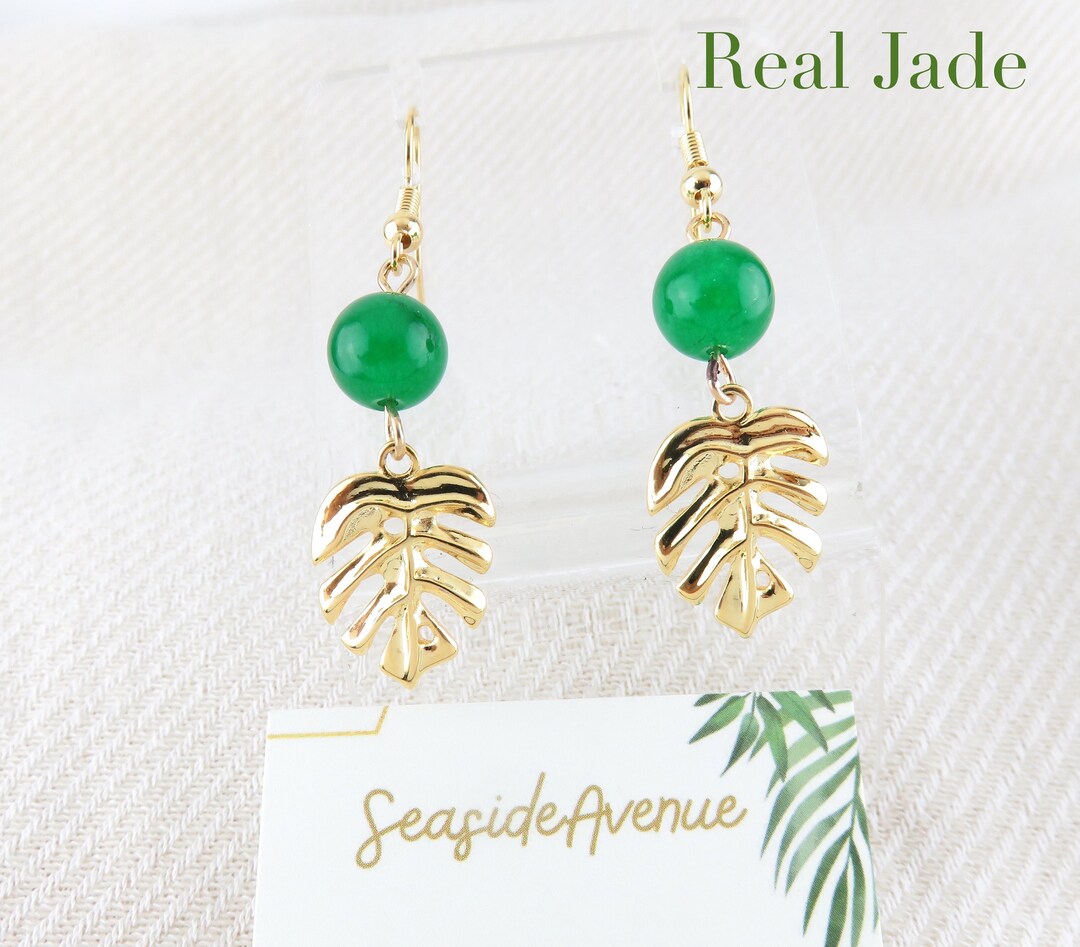 Monstera and Green Jade Earrings / Real Jade - Etsy