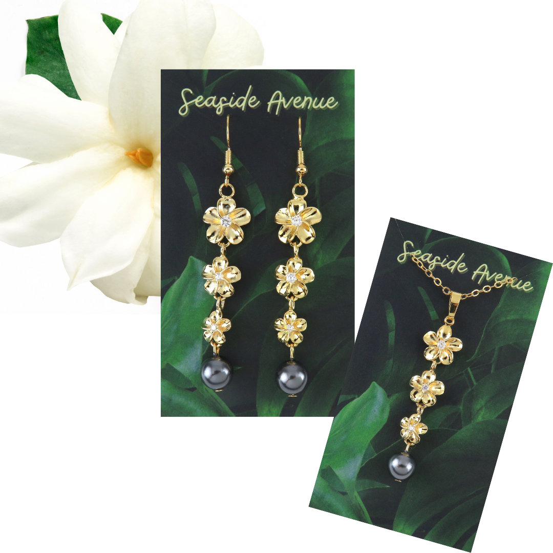 Hawaiian Hamilton Gold Triple Plumeria Flower and Shell Pearl Earrings ...