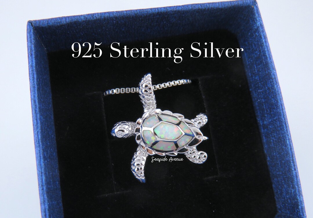 White Opal Sea Turtle Necklace / Solid 925 Sterling Silver With Fire ...