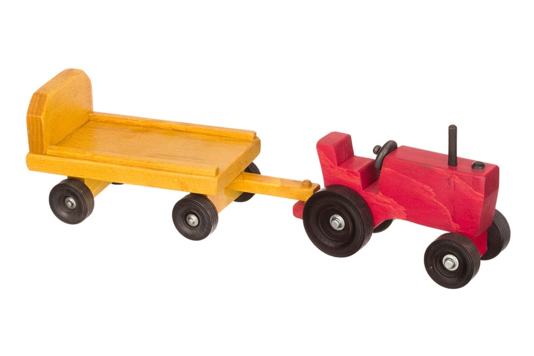 Wood FARM TRACTOR With Trailer Cart Red & Yellow Wooden Toy - Etsy