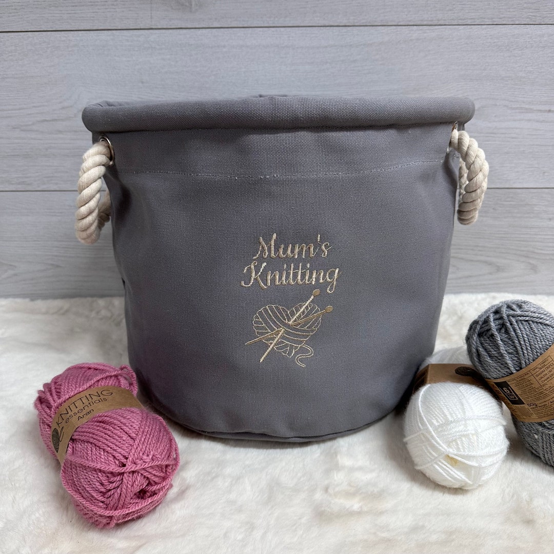 Personalised Knitting Basket, Embroidered Wool Storage, Custom Knitters ...
