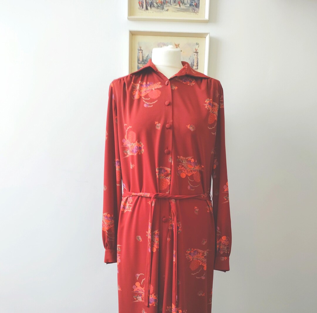 Vintage 1970s D L Barron of London Midi Dress Size 12/14 Red Floral ...