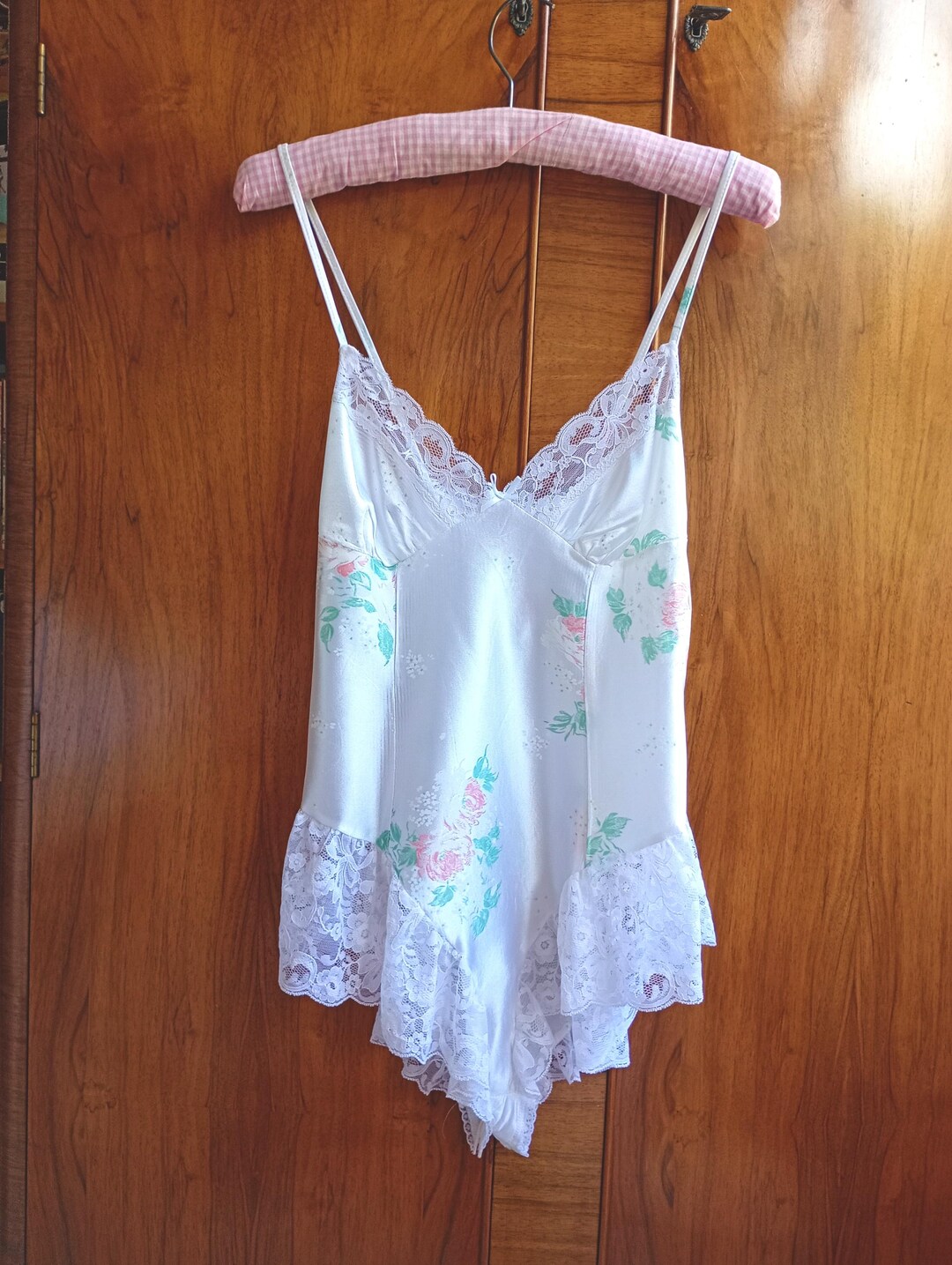 Vintage 1980s White Floral Glossy Satin Teddie Teddy Playsuit Vintage ...