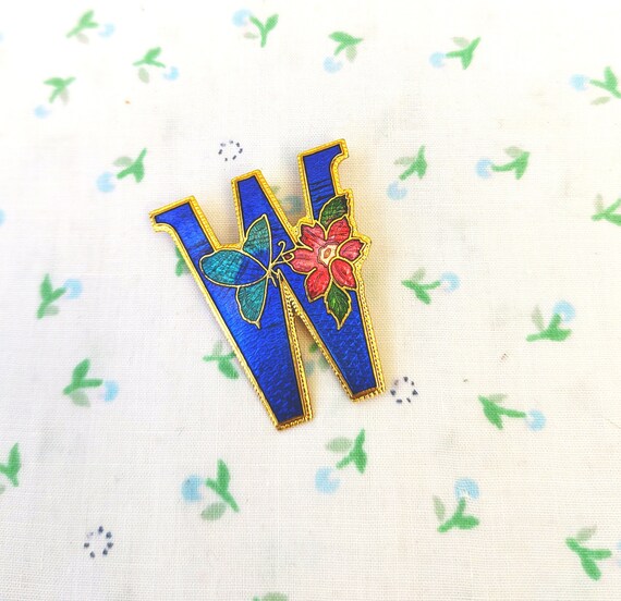 Vintage 1980s Cloisonne Letter W Brooch Pin Badge Ena… - Gem