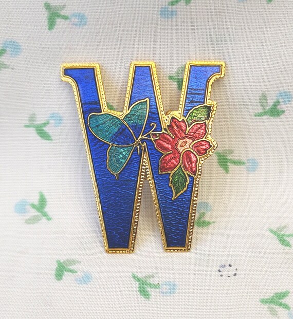 Vintage 1980s Cloisonne Letter W Brooch Pin Badge Ena… - Gem