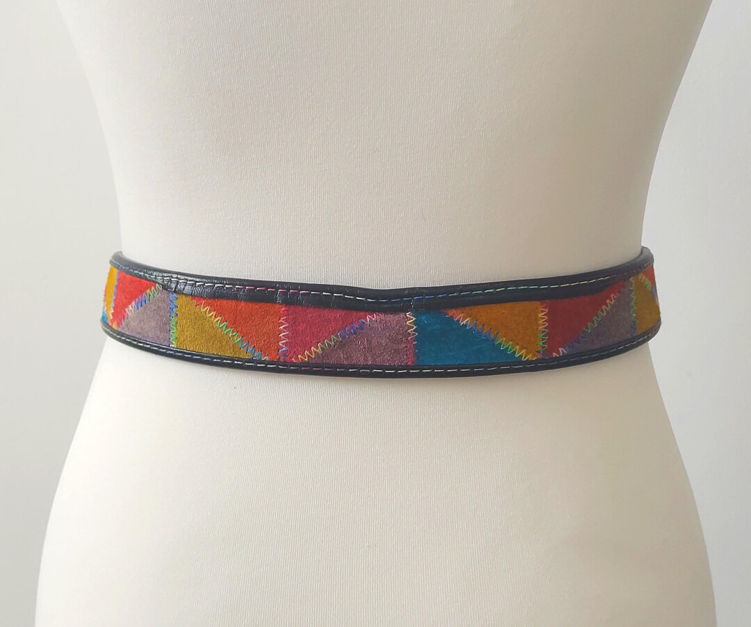 Vintage 1980s Suede Patchwork Leather Belt Rainbow Navarro Belt Boho ...
