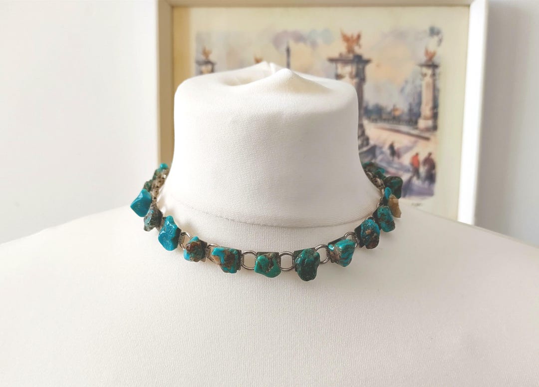Vintage Turquoise Choker Necklace Silver Tone Stone Nuggets Hippy ...