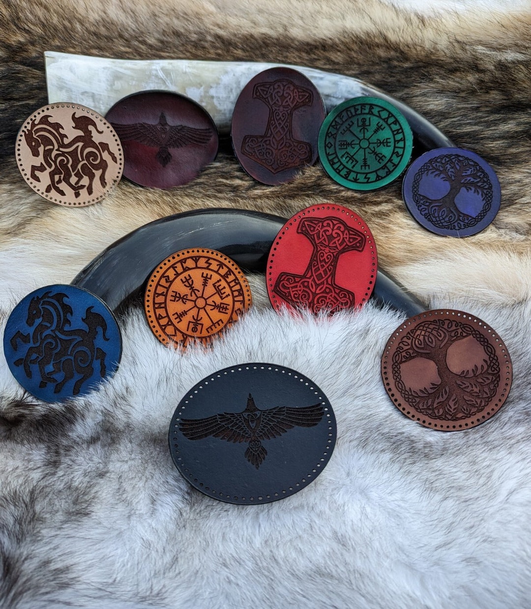 Norse Viking Leather Patches Velcro Mjolnir Raven Vegvisir Yggdrasil ...