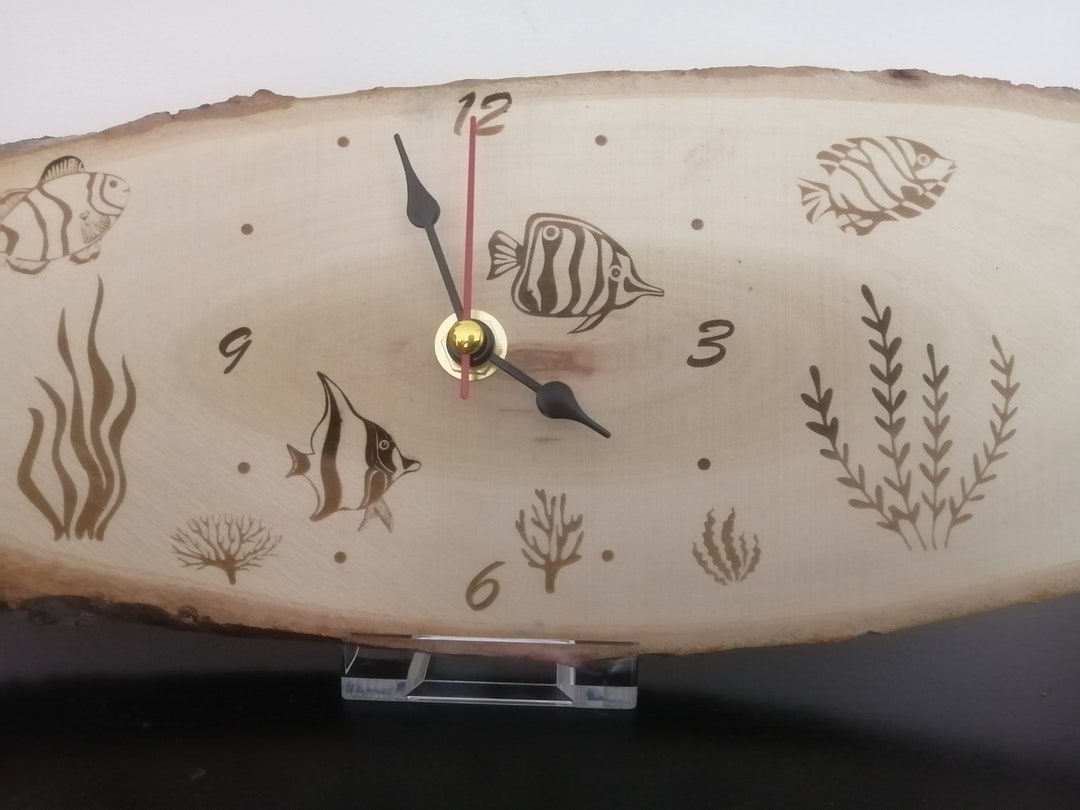 Natural Wood Clock Engraved Aquarium Fish, Oval Wooden Slice - Etsy
