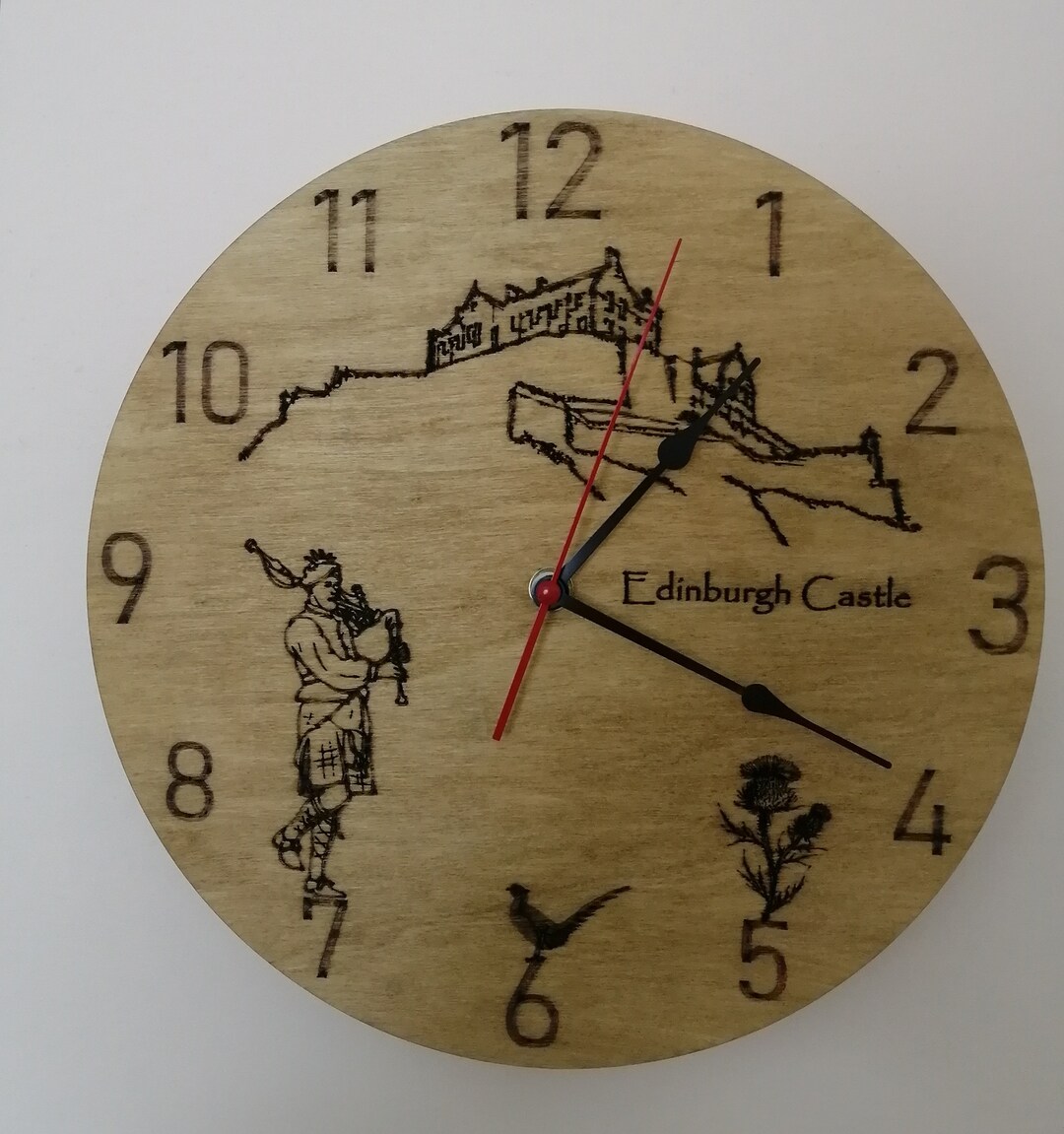 Wooden Wall Clock Edinburgh Castle, Thistle, Piper Varnished Lovely ...