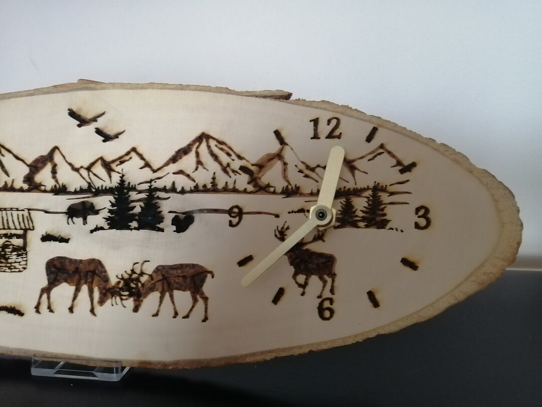 Long Oval Natural Wood Engraved Nature Standing Shelf Clock Animals ...