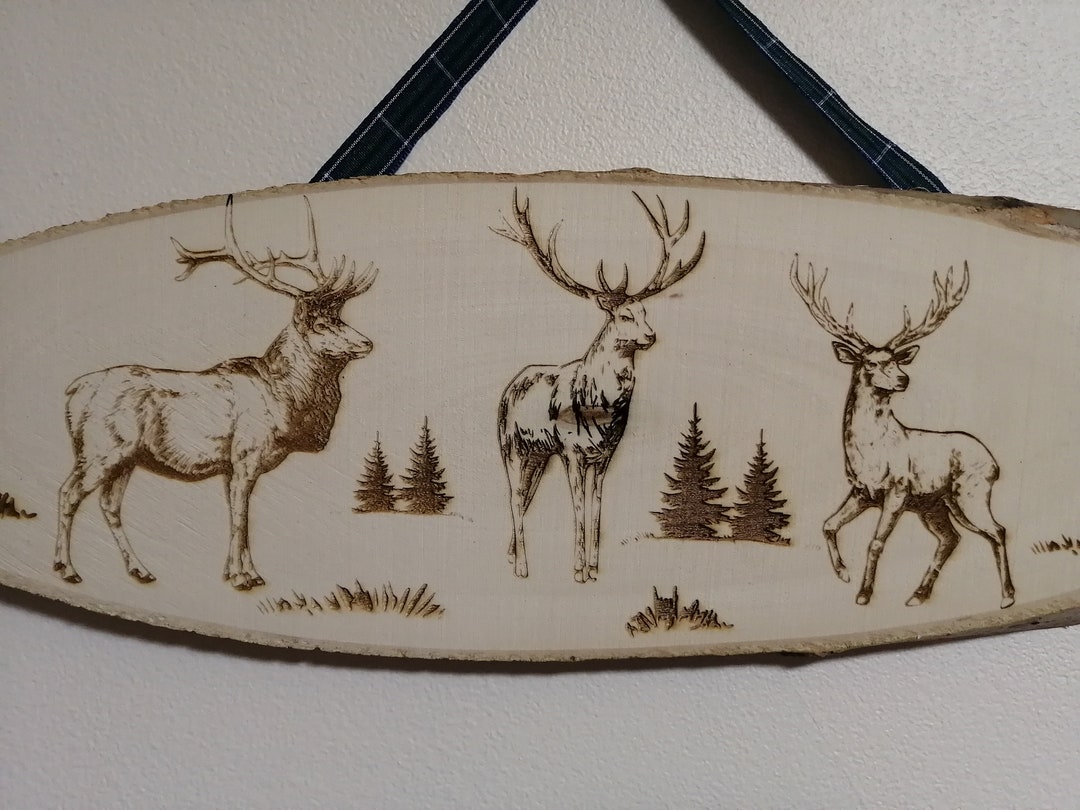 Engraved Deer Long Oval Natural Wood Slice Lovely Wall / Shelf Decor ...
