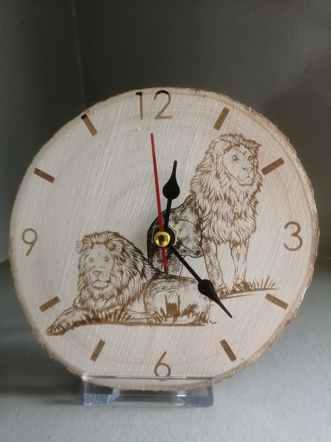 Wooden Table / Wall Clock Engraved Lions Lovely Clock With Hook and ...