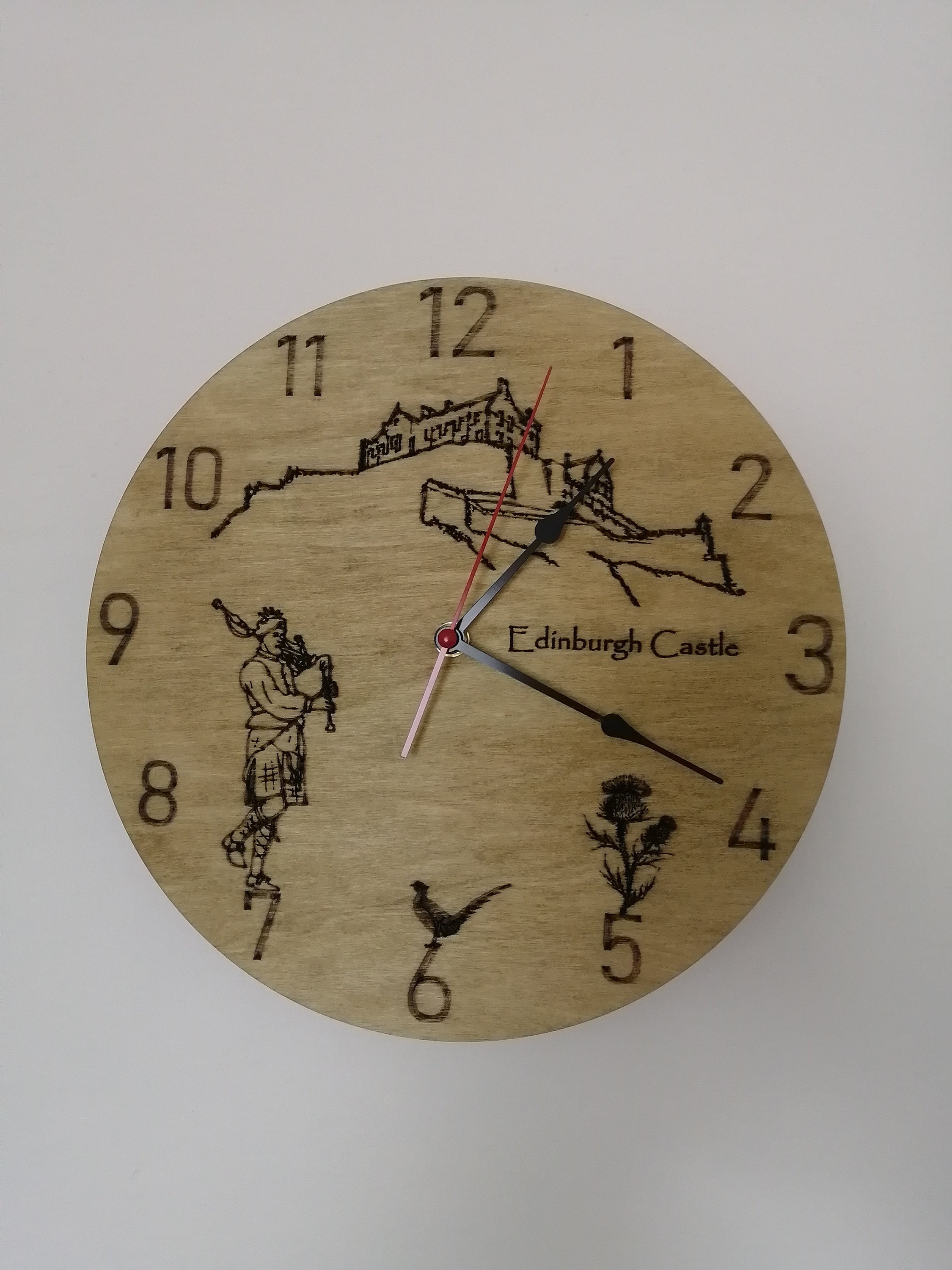 Wooden Wall Clock Edinburgh Castle, Thistle, Piper Varnished Lovely ...