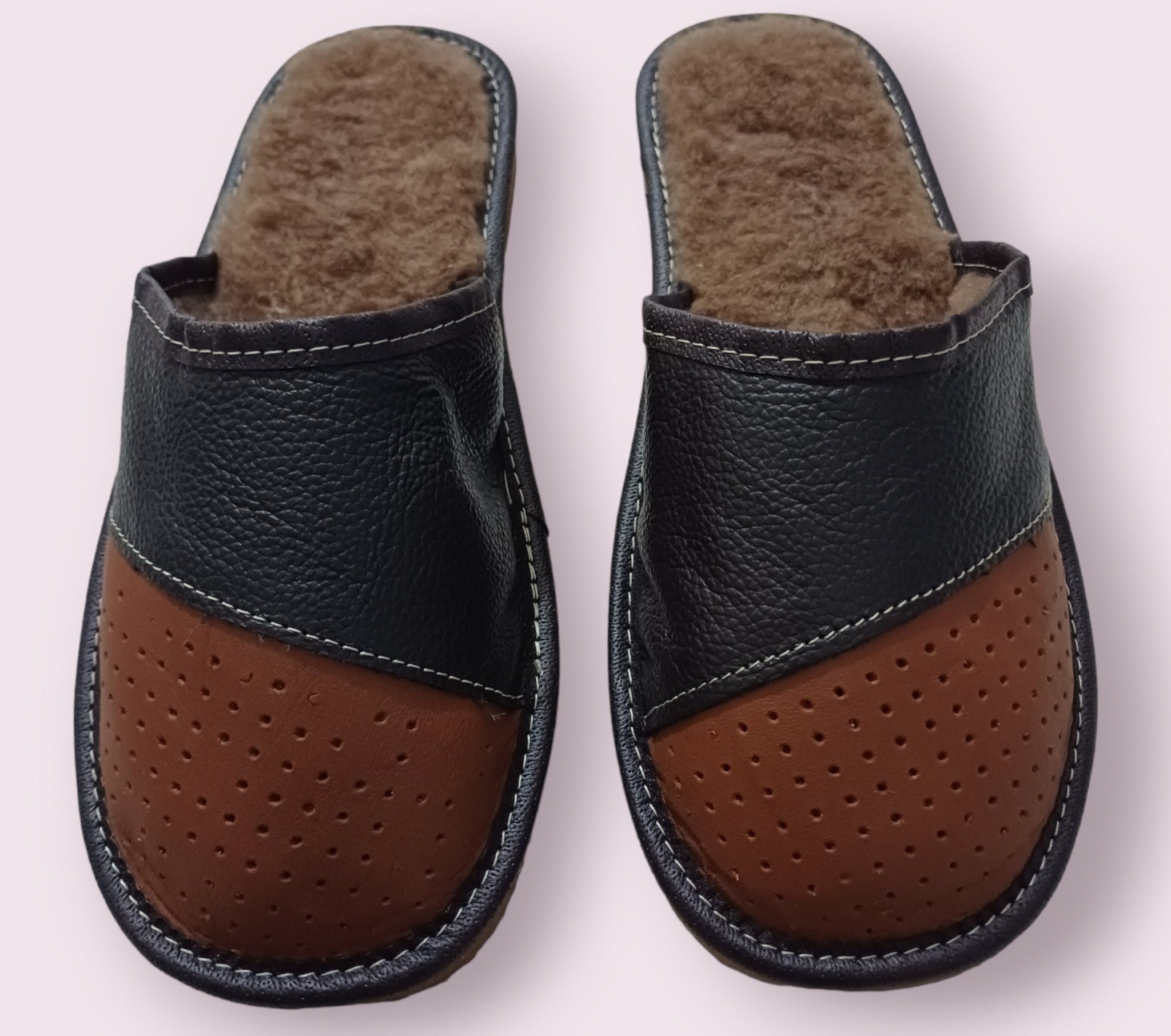 Natural Leather Fur Men Winter Slippers Warm and Comfortable Indoor ...