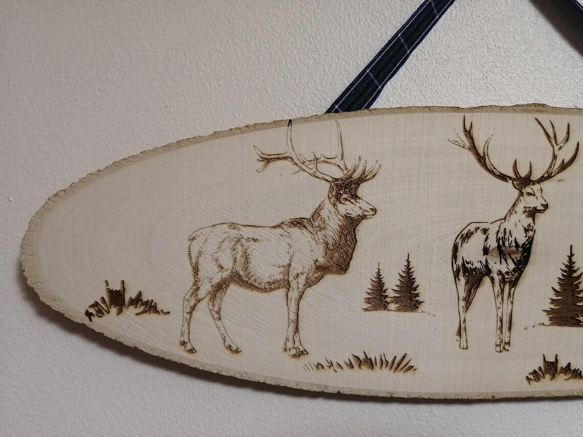 Engraved Deer Long Oval Natural Wood Slice Lovely Wall / Shelf Decor ...