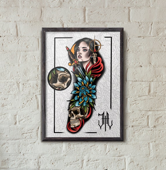 Neo Traditional Girl Face Tattoo