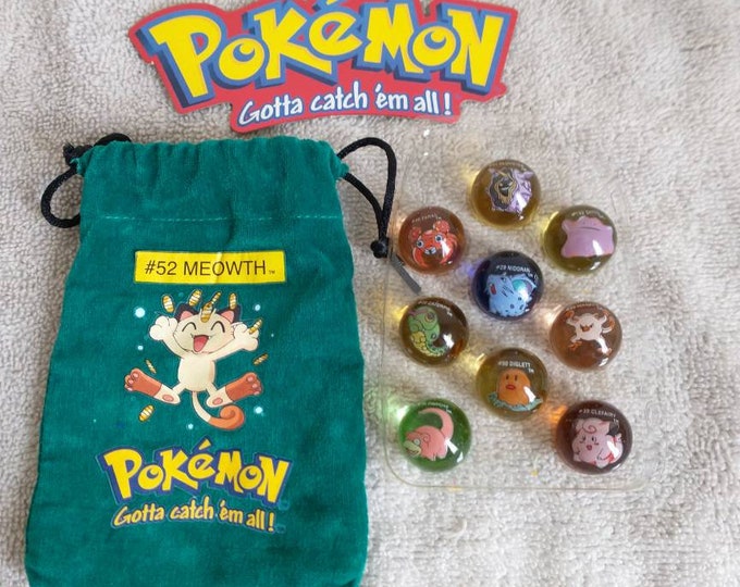 Vintage Pokemon Marble Lot #52 Meowth on Green Cloth Marble Bag With 9 ...