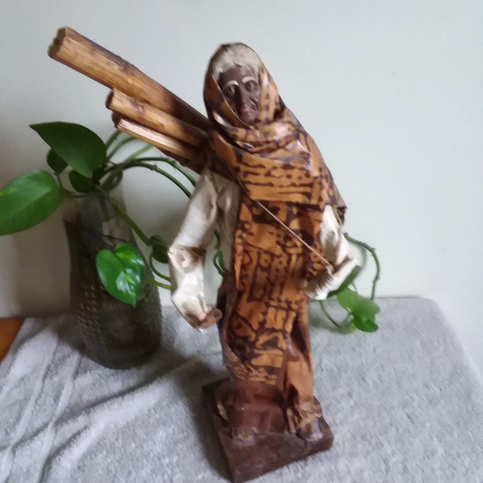 Mexican Folk art statue paper mache peasant woman with wood | Etsy