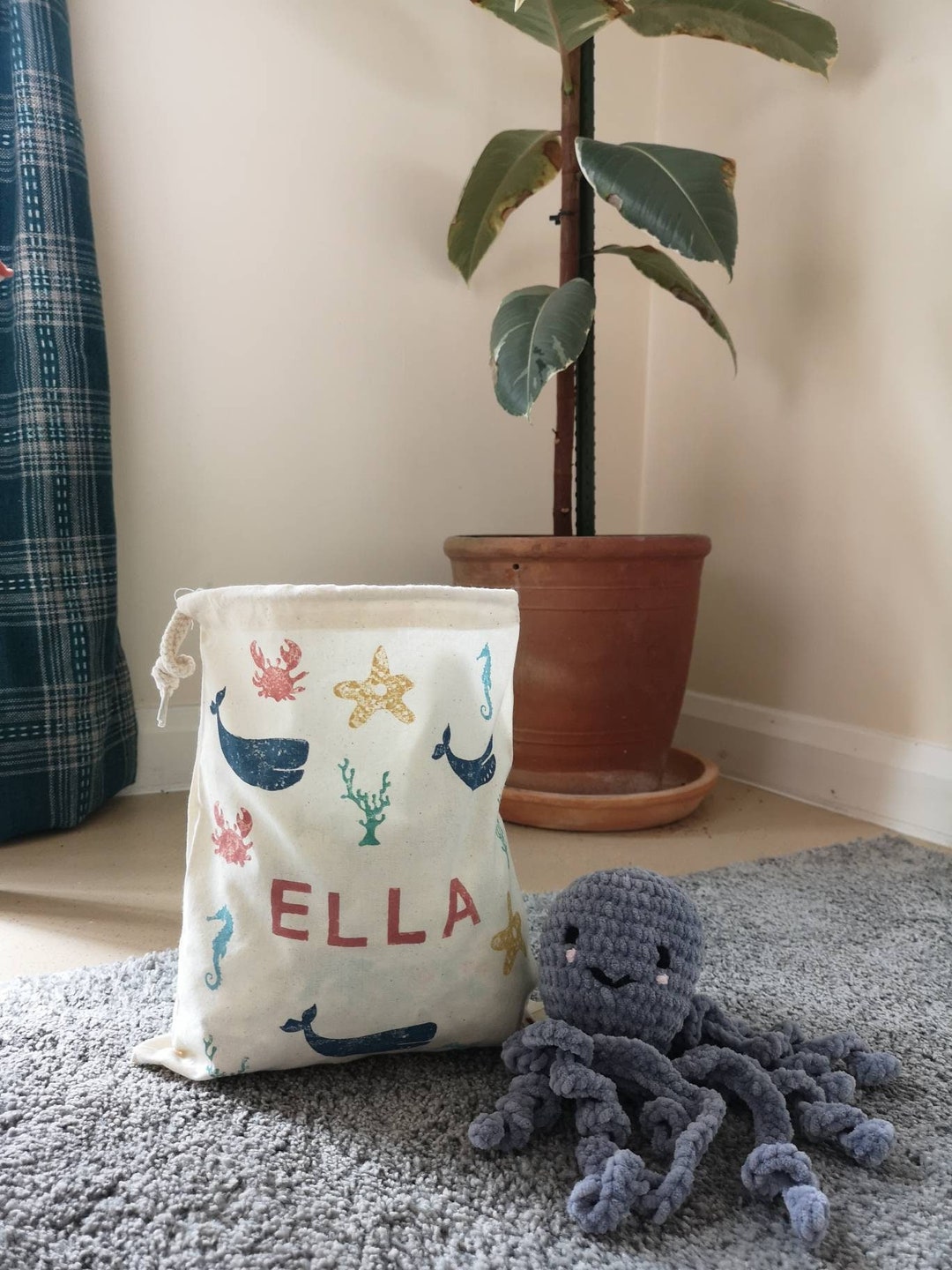 Personalized Children's Toy Bag: Hand-printed Cotton Drawstring Storage ...