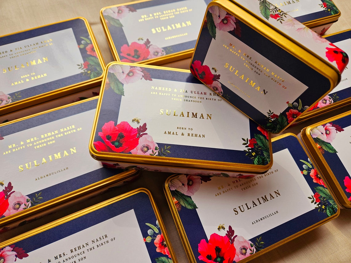 Personalized Mithai Box| Personalized Baby Favor Box| Indian Mithai Box| Gold Tin Box| Mithai ...