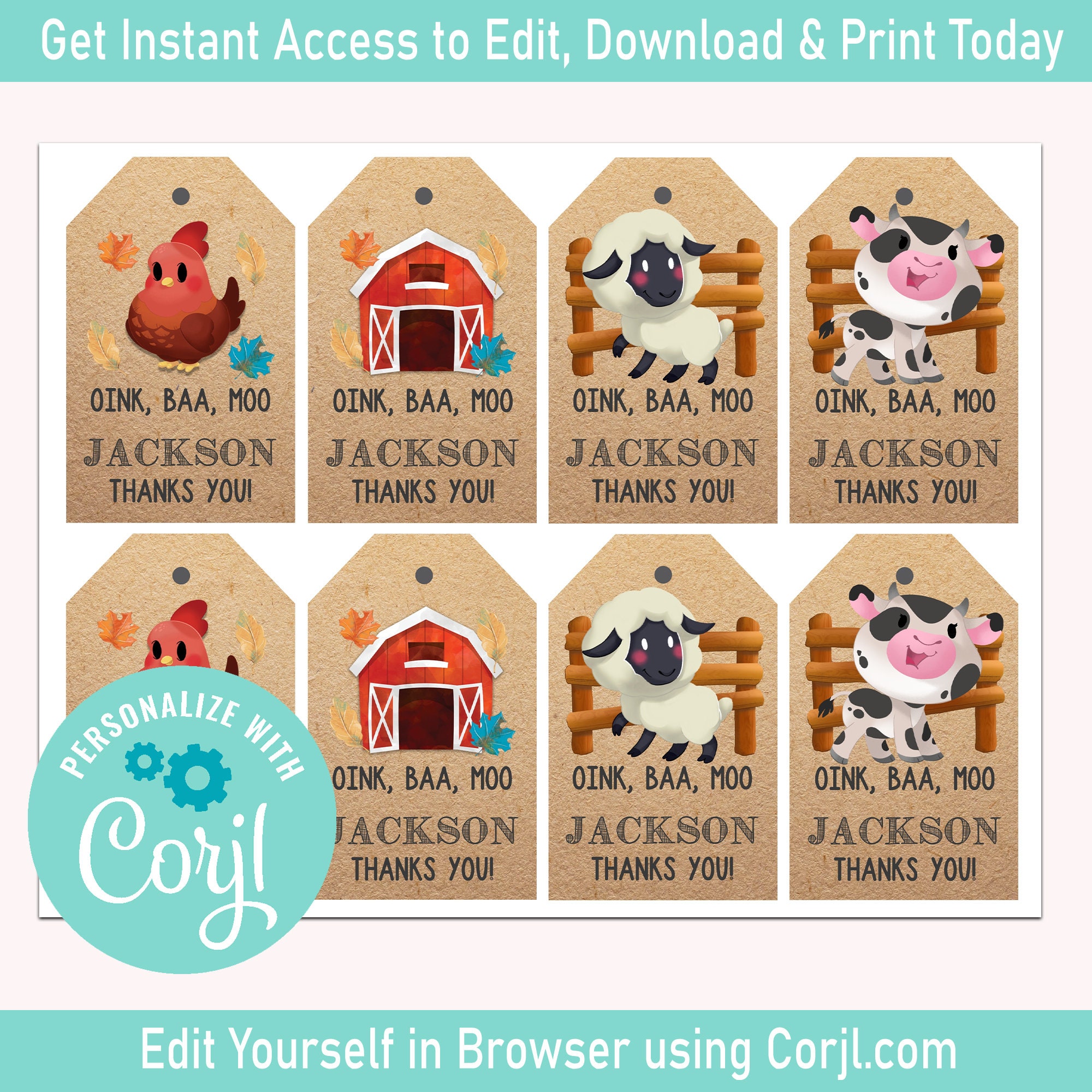 Farm Animals Favor Tags Editable Instant Download Barnyard - Etsy