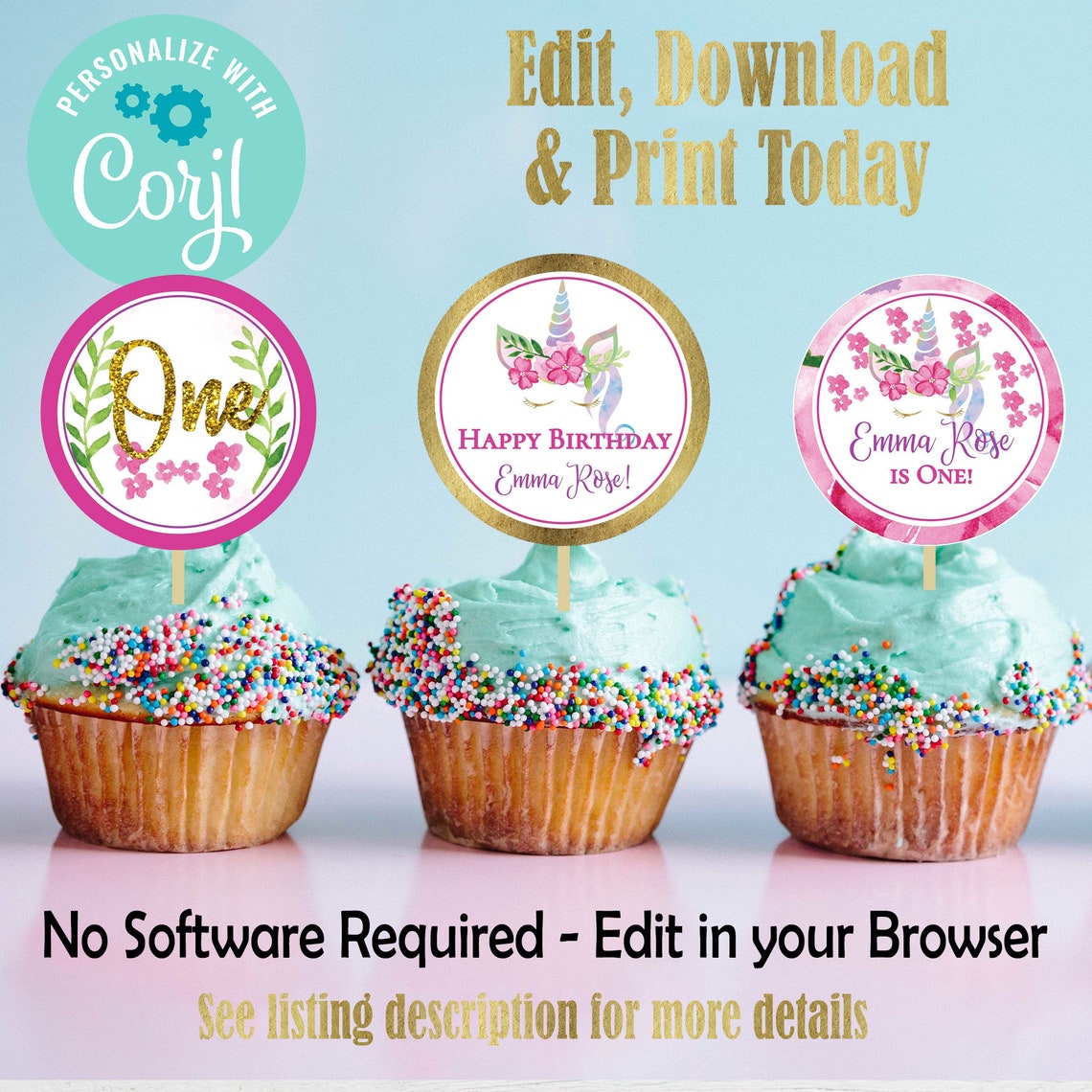 Unicorn Cupcake Topper, Unicorn Birthday Cupcake Topper, Editable ...