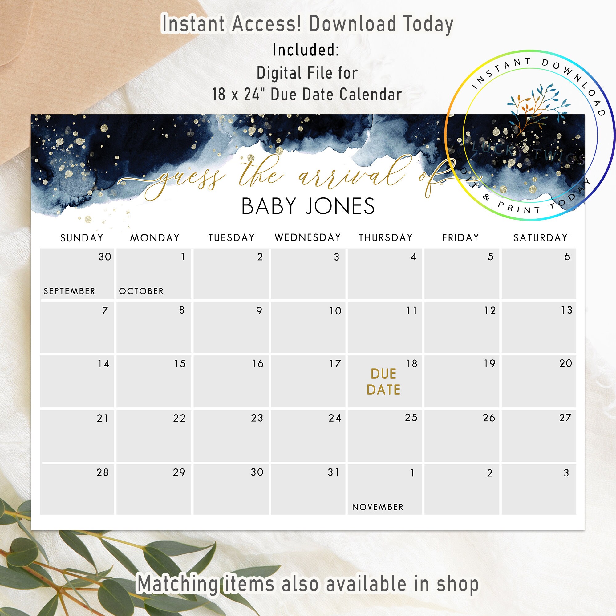 Editable Due Date Calendar Template Twinkle Twinkle Little - Etsy