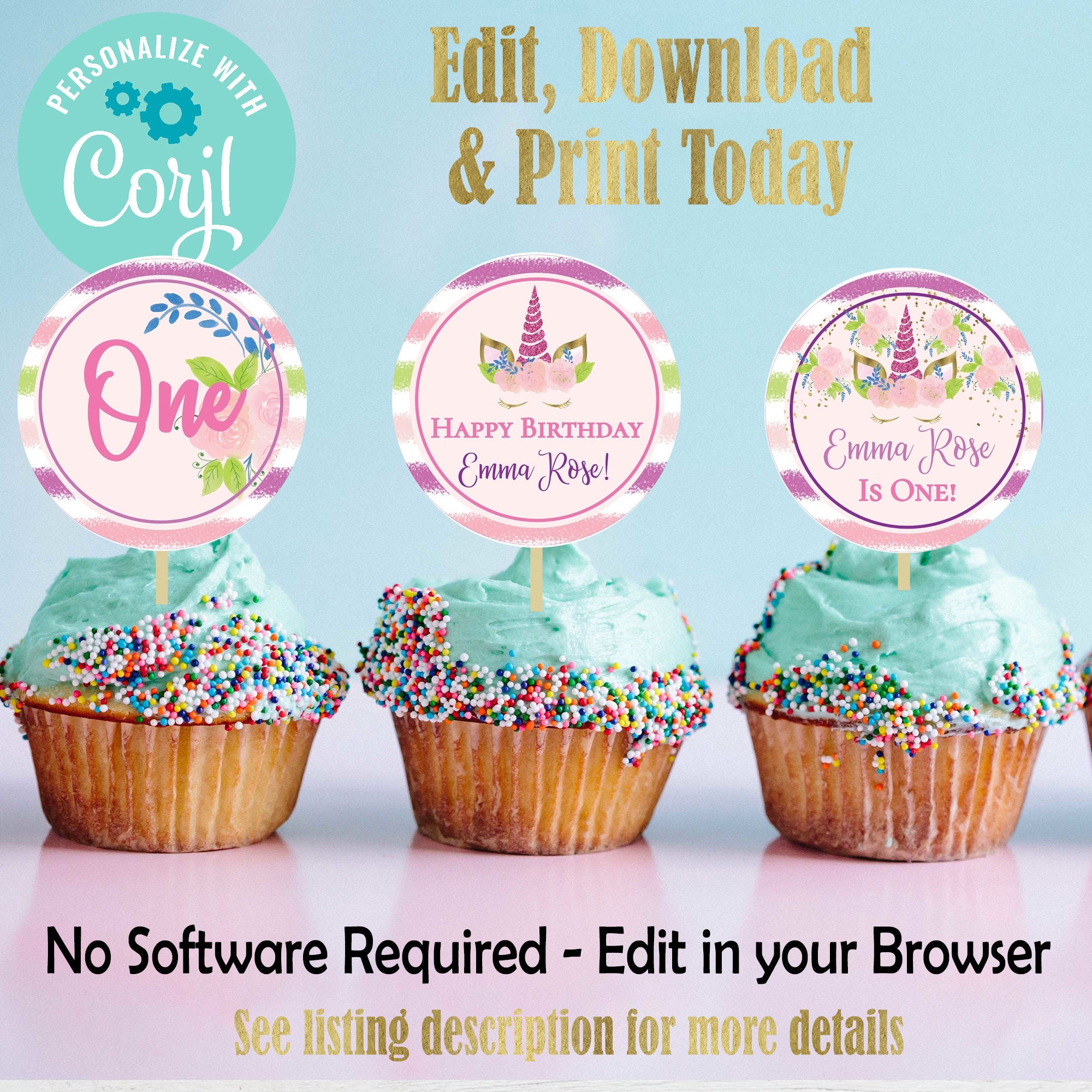 Unicorn Cupcake Topper Unicorn Birthday Cupcake Topper - Etsy