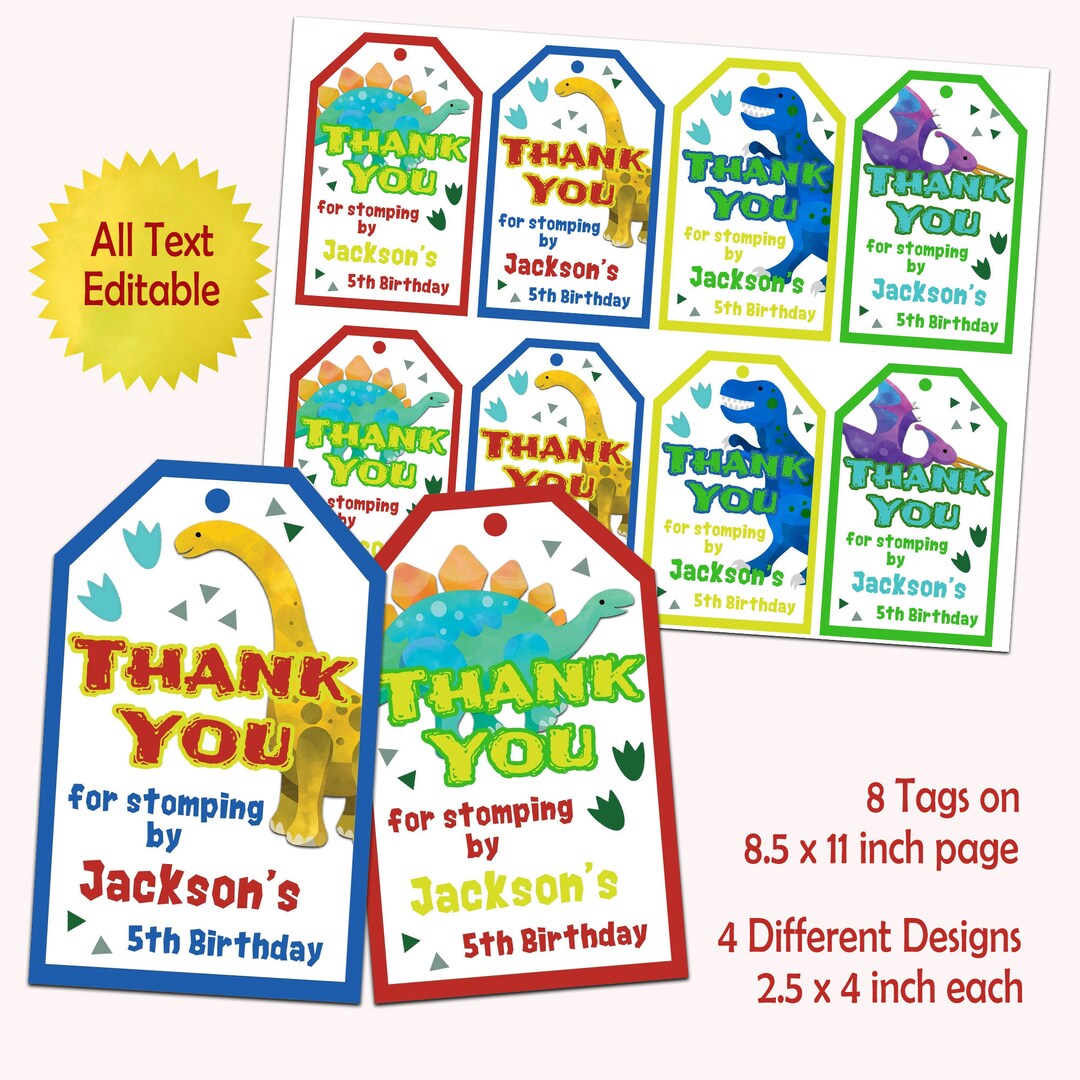 Dinosaur Favor Tags Dinosaur Thank You Tag Dinosaur Favour - Etsy