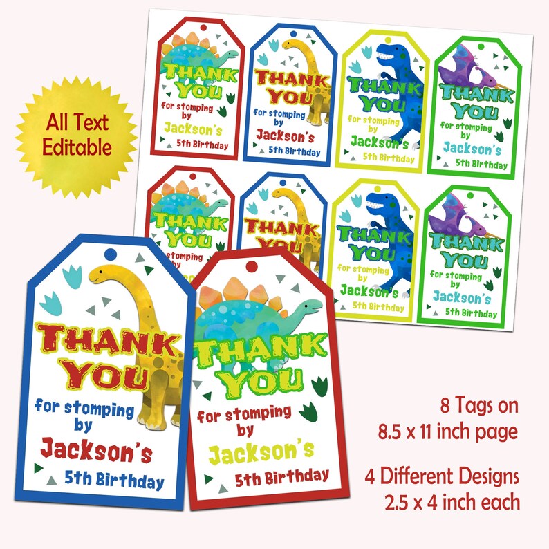 Dinosaur Favor Tags Dinosaur Thank You Tag Dinosaur Favour - Etsy