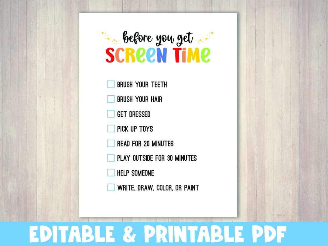 Screen Time Checklist, Printable Editable PDF, Summer Screen Time List ...