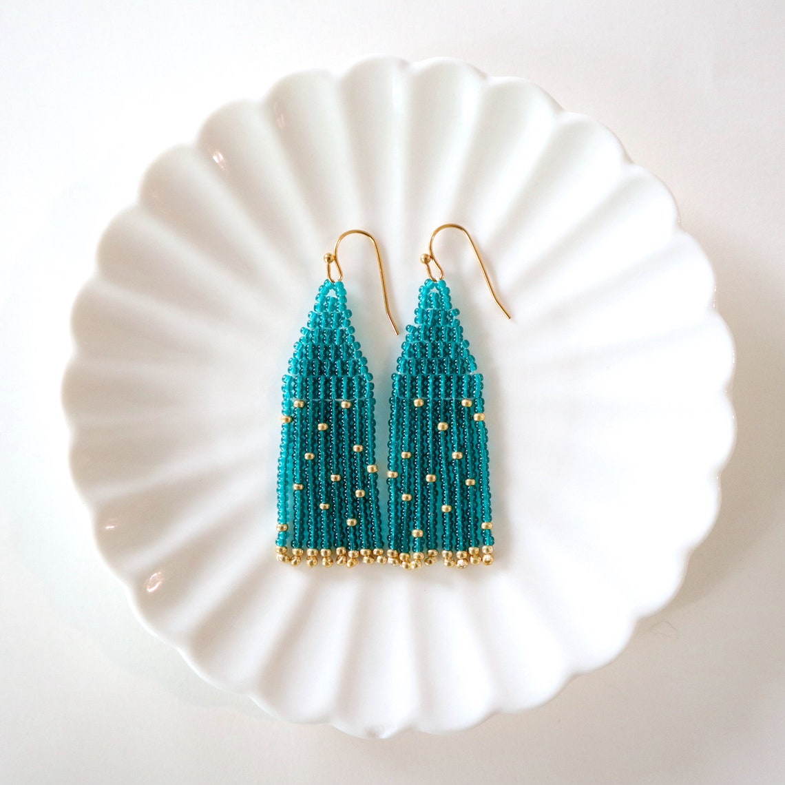 Teal and Gold Handmade Seed Bead Fringe Earrings, Teal Earrings, Art ...
