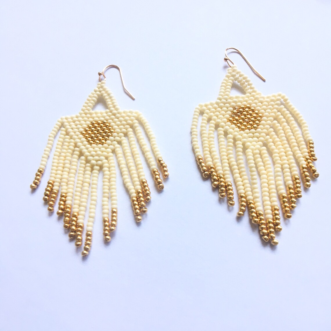 Ivory and Gold Triangle Fringe Seed Bead Fringe Earrings - Etsy