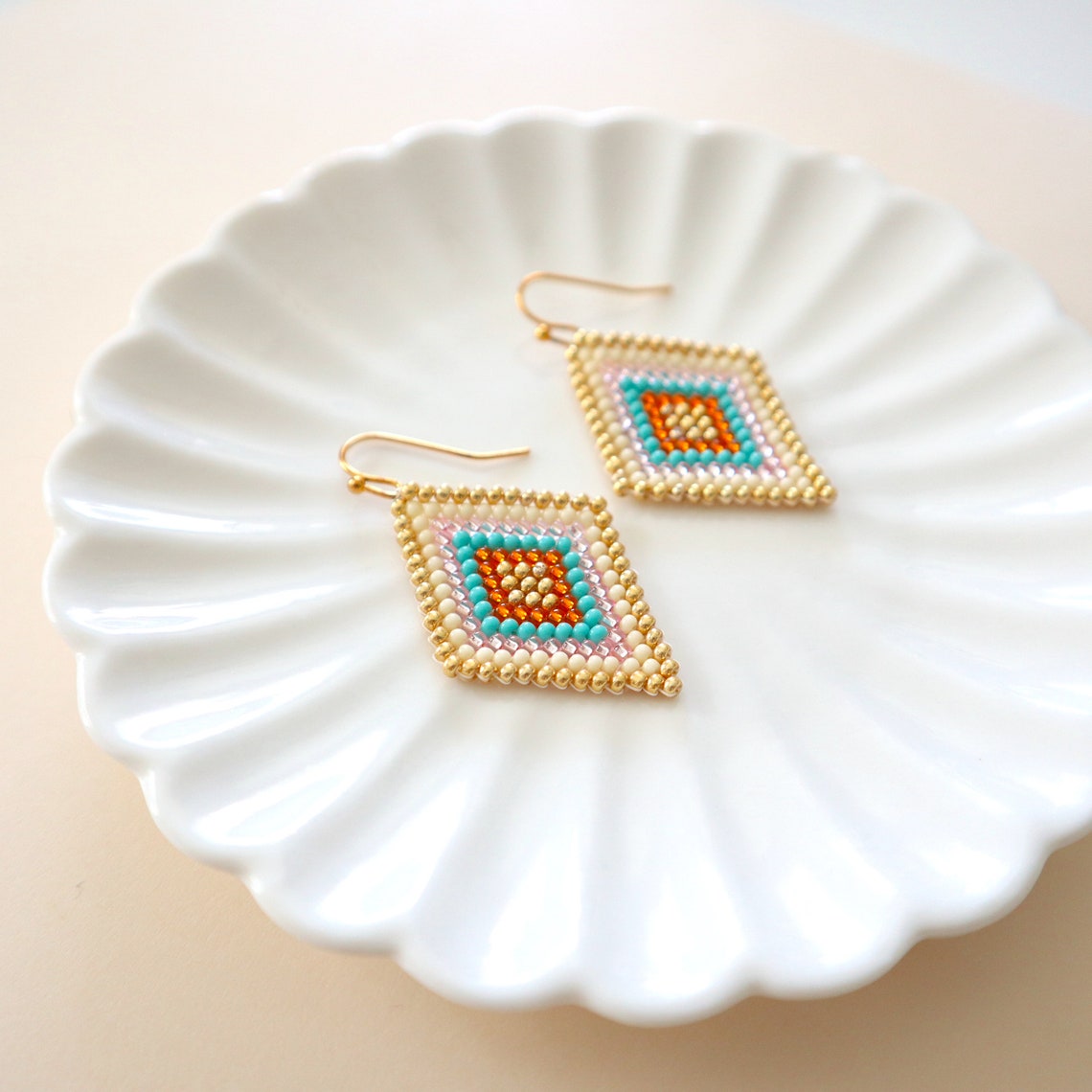 Diamond Shape Handmade Beadwork Seed Bead Earrings - Etsy