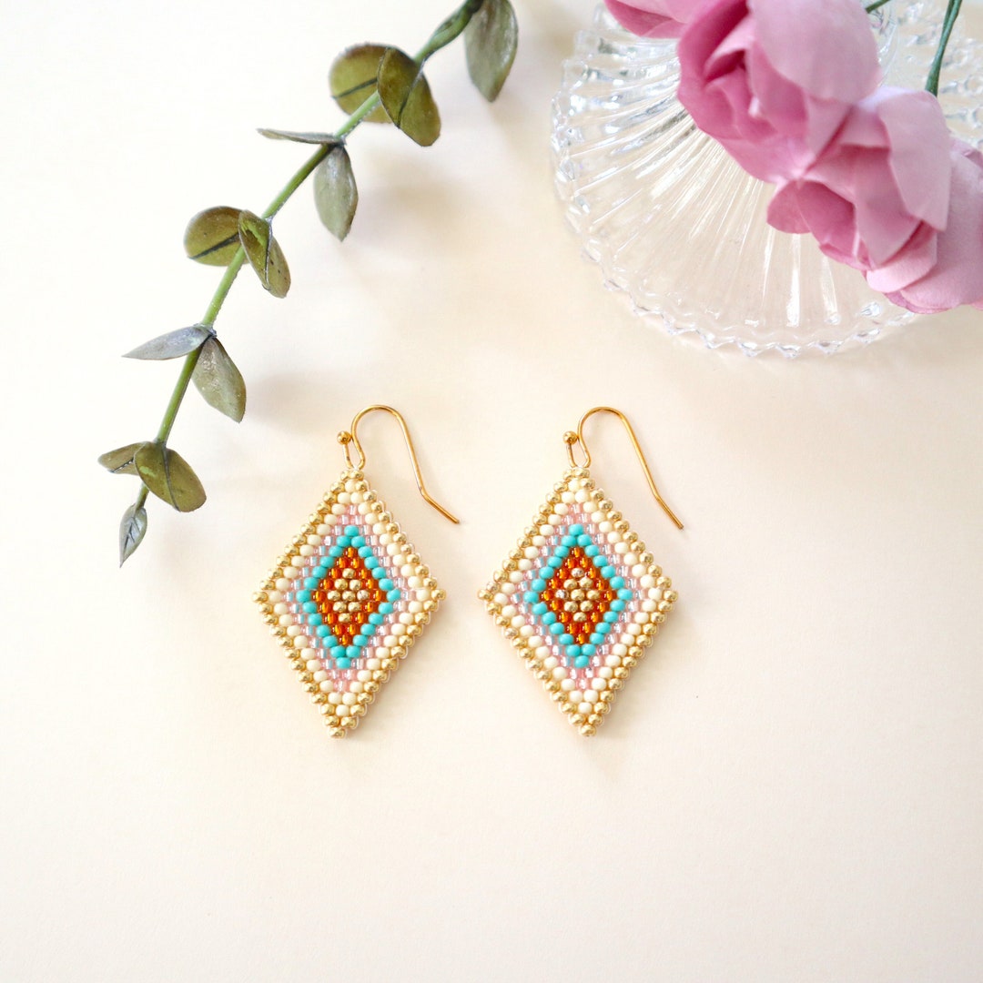 Diamond Shape Handmade Beadwork Seed Bead Earrings - Etsy